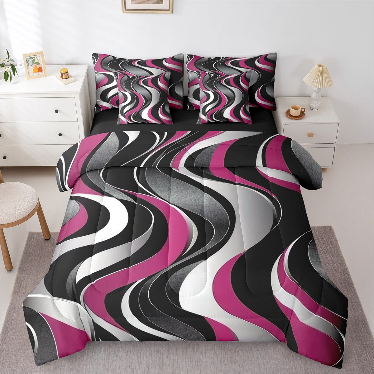 Manfei Pink Stripes Adult Bedding Comforter Set 7 Pieces, Abstract ...
