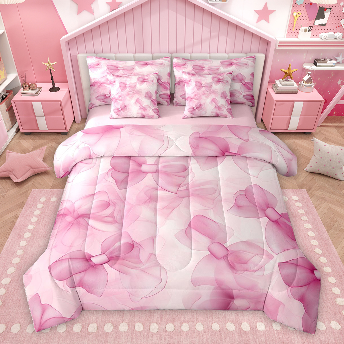 Homewish Pink Watercolor Bow Twin Bedding Sets 7-Piece, Romantic ...