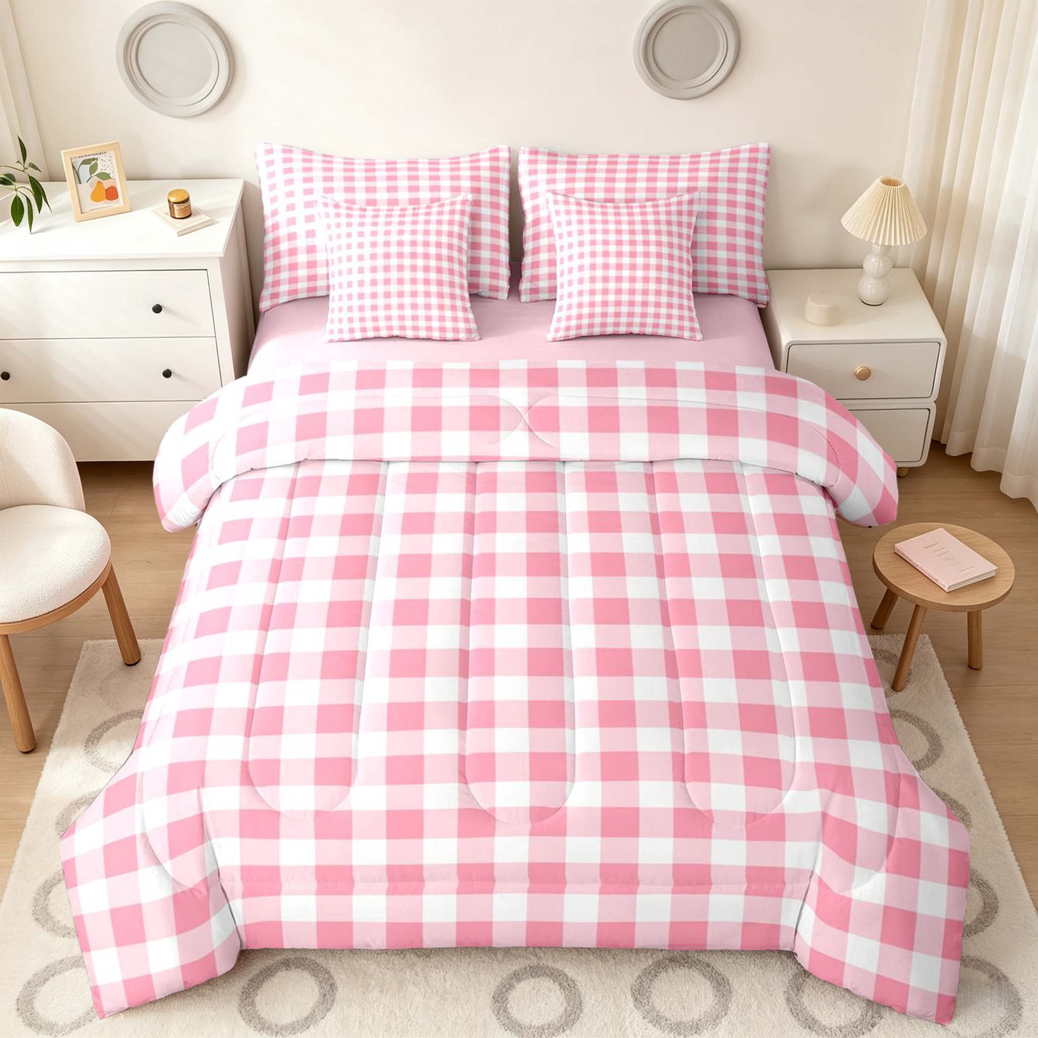 Manfei Pink White Gingham Full Size Bedding Sets, Check Full Size Bed ...