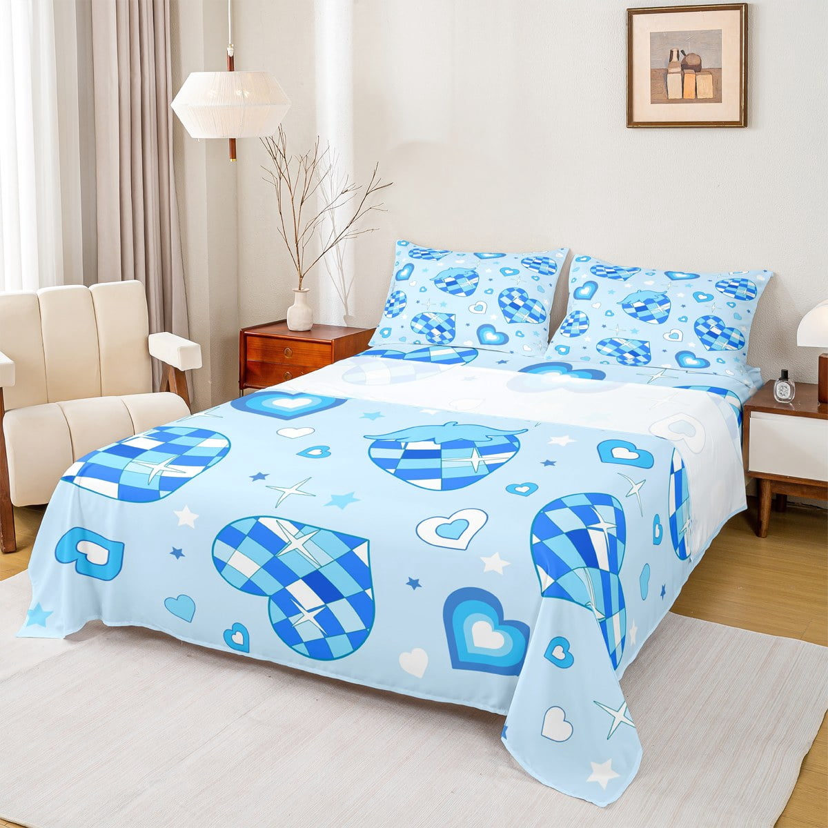 Manfei Plaid Love Heart Full Size Sheets, Blue Cartoon Strawberry Bed ...