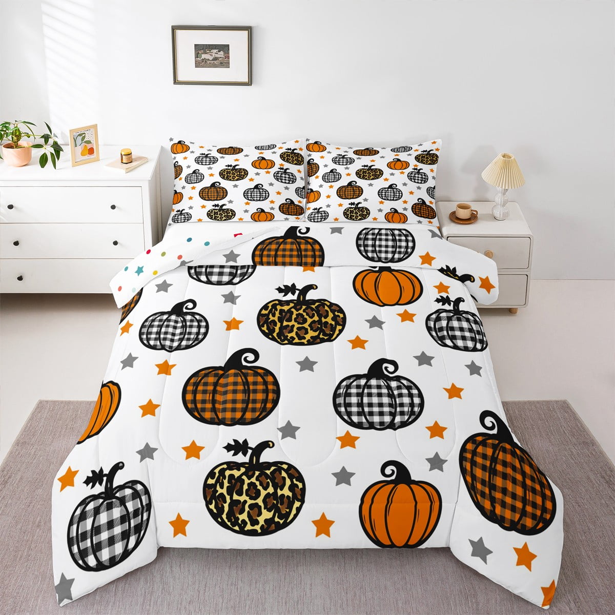 Feelyou Plaid Pumpkin Queen Comforter Set, Cartoon Stars Print Bedding ...