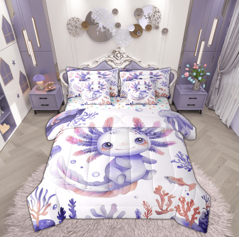 Manfei Plum Kawaii Axolotl Bedding Comforter Set 7pcs, Cute Cartoon ...