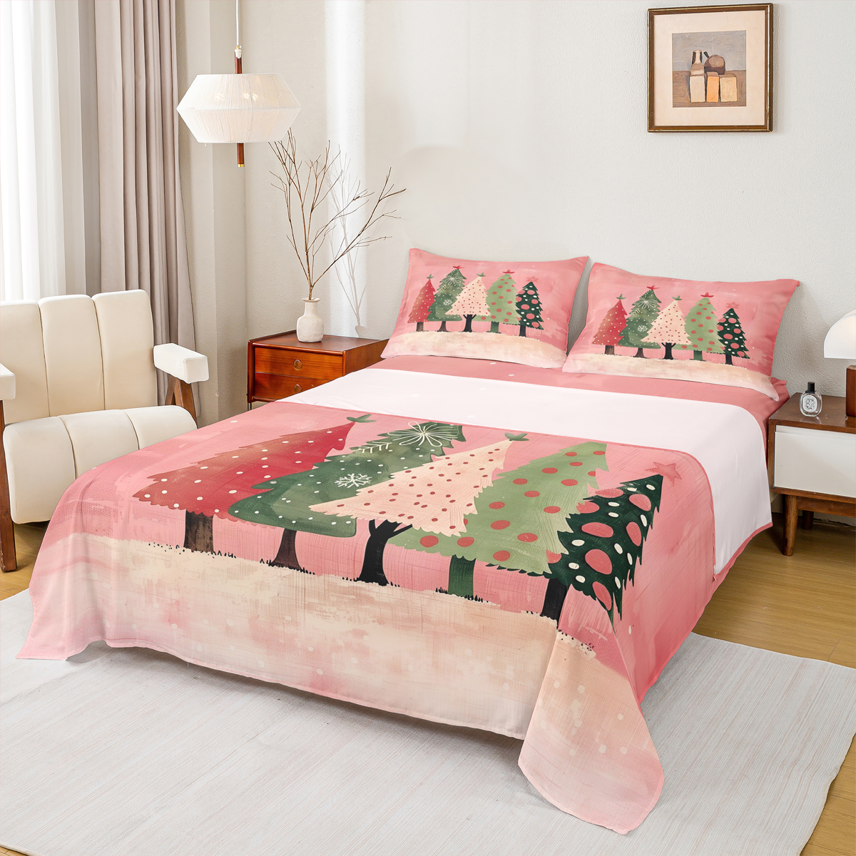 Manfei Polkadot Xmas Tree Queen Sheet Sets for Kids, Pink Watercolor ...