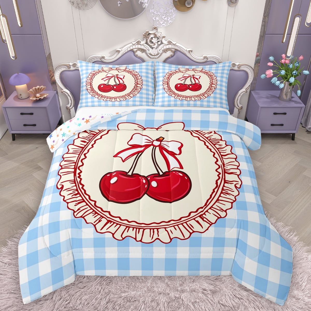 Manfei Princess Bowknot Cherry Bedding Comforter Set, Cartoon Blue ...