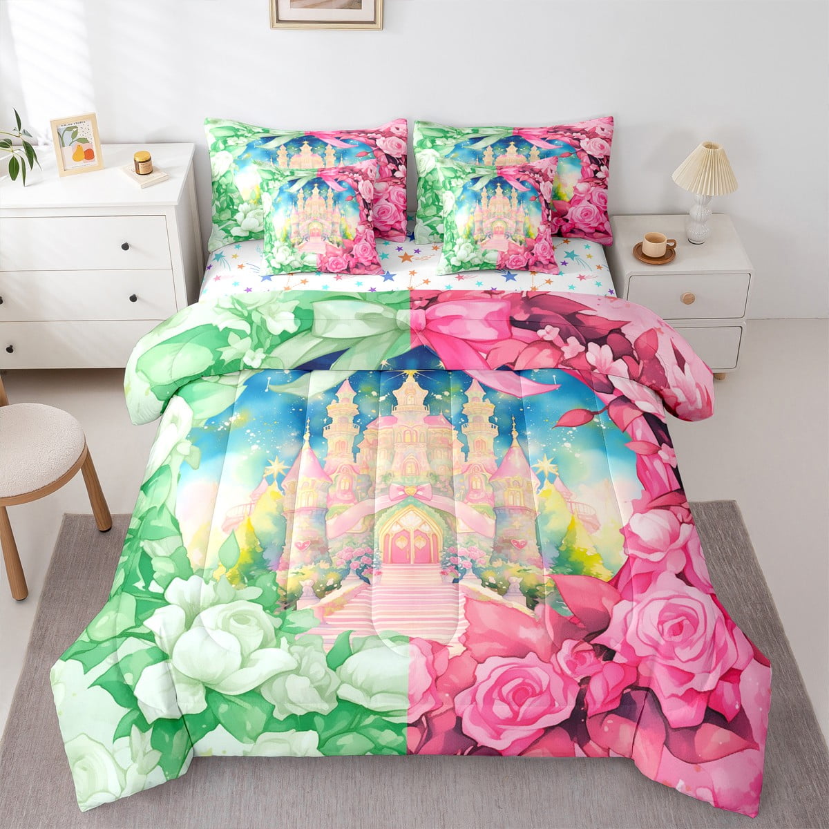 Manfei Princess Castle Bedding Comforter Set 7-Piece,Colordul Flower ...