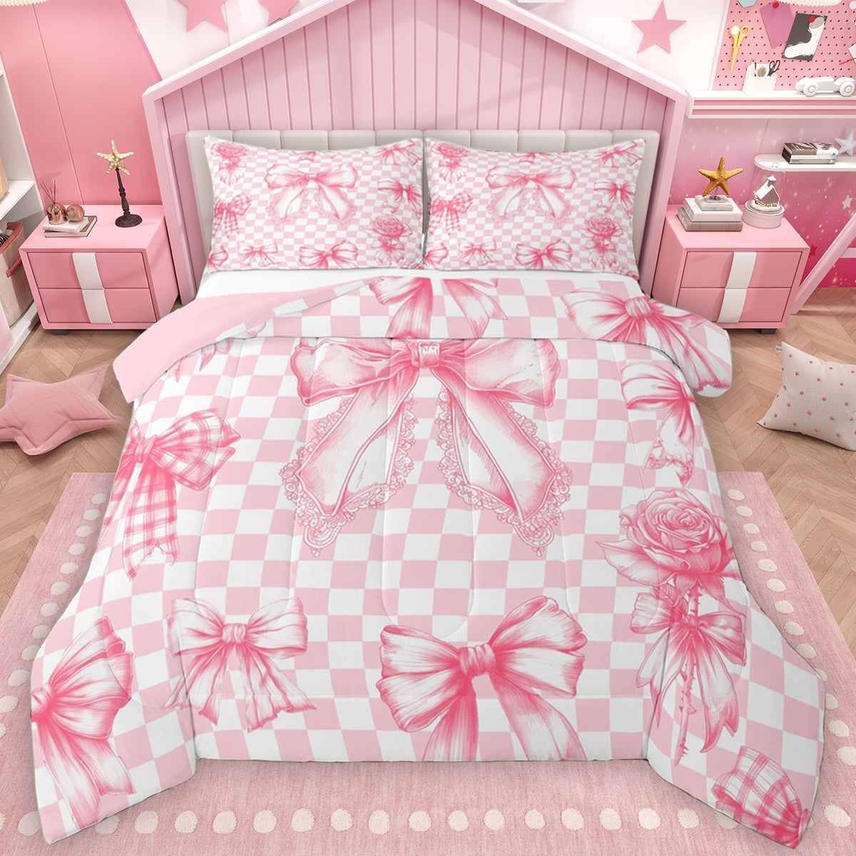 Manfei Princess Cute Ribbon Full Size Comforter Sets for Kid, Pink ...