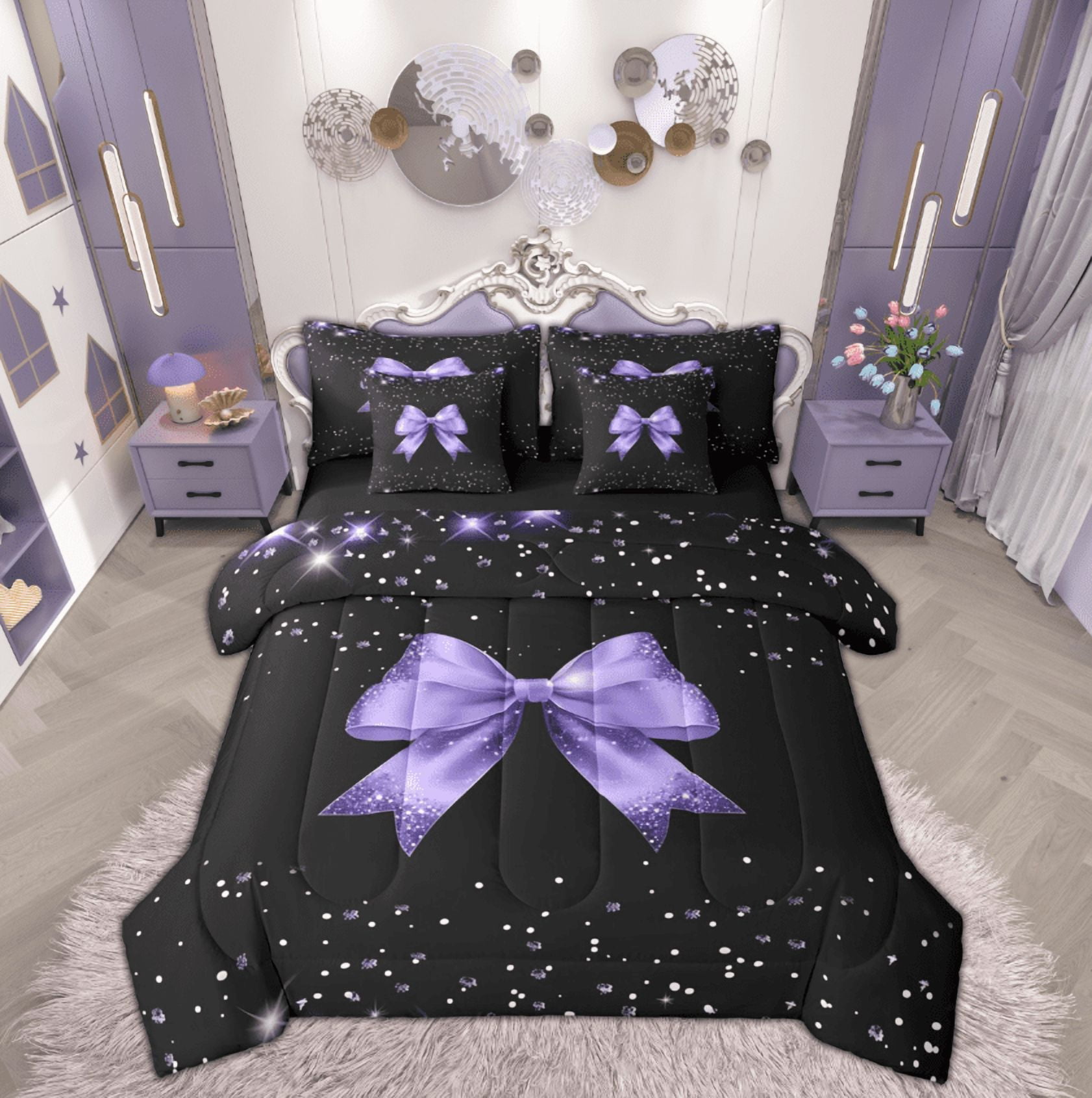 Manfei Princess Dreamy Bow Bedding Comforter Set 7-Piece for Kid, Bling ...