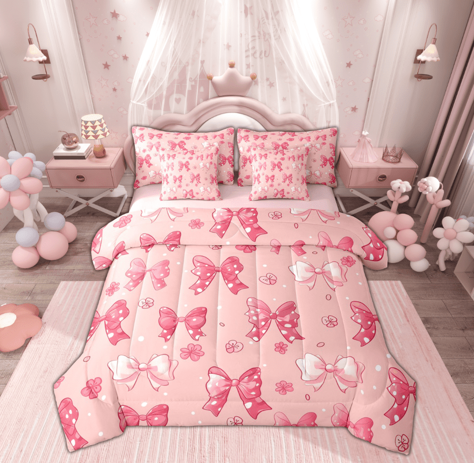 Manfei Princess Dreamy Bow Bedding Comforter Set 7pcs for Kid, Cherry ...
