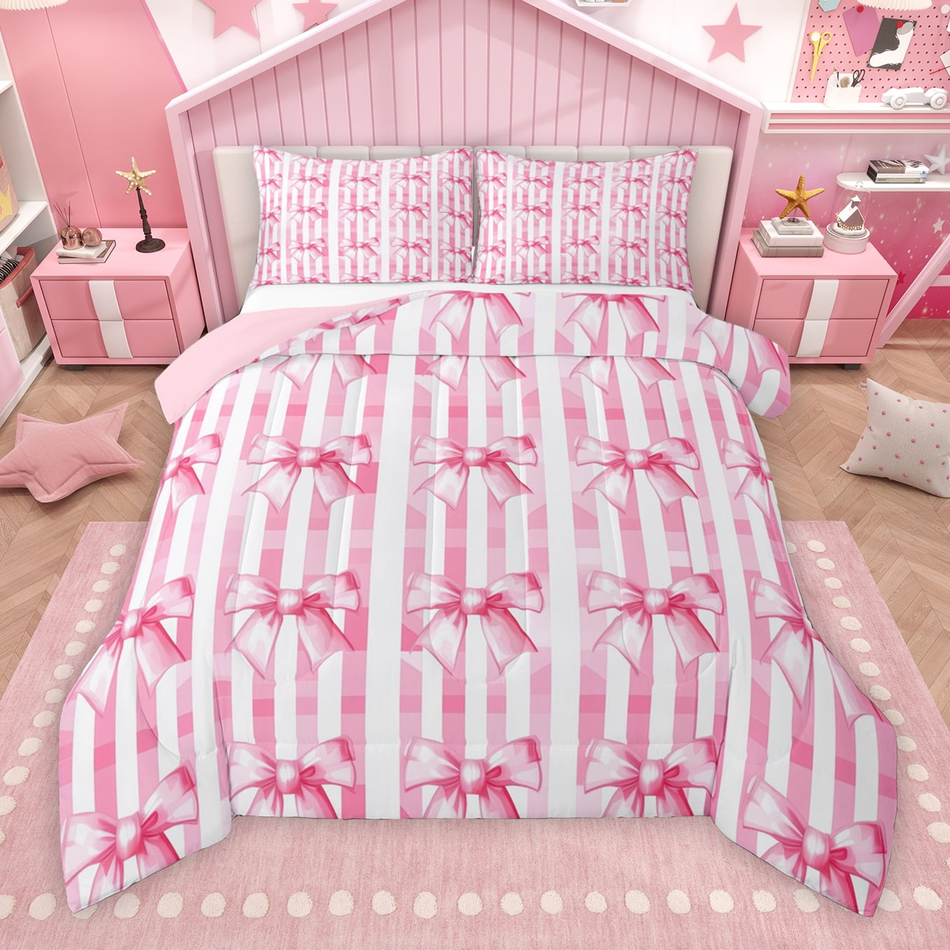 Manfei Princess Kawaii Bow Bedding Comforter Set for Girls, Cute ...