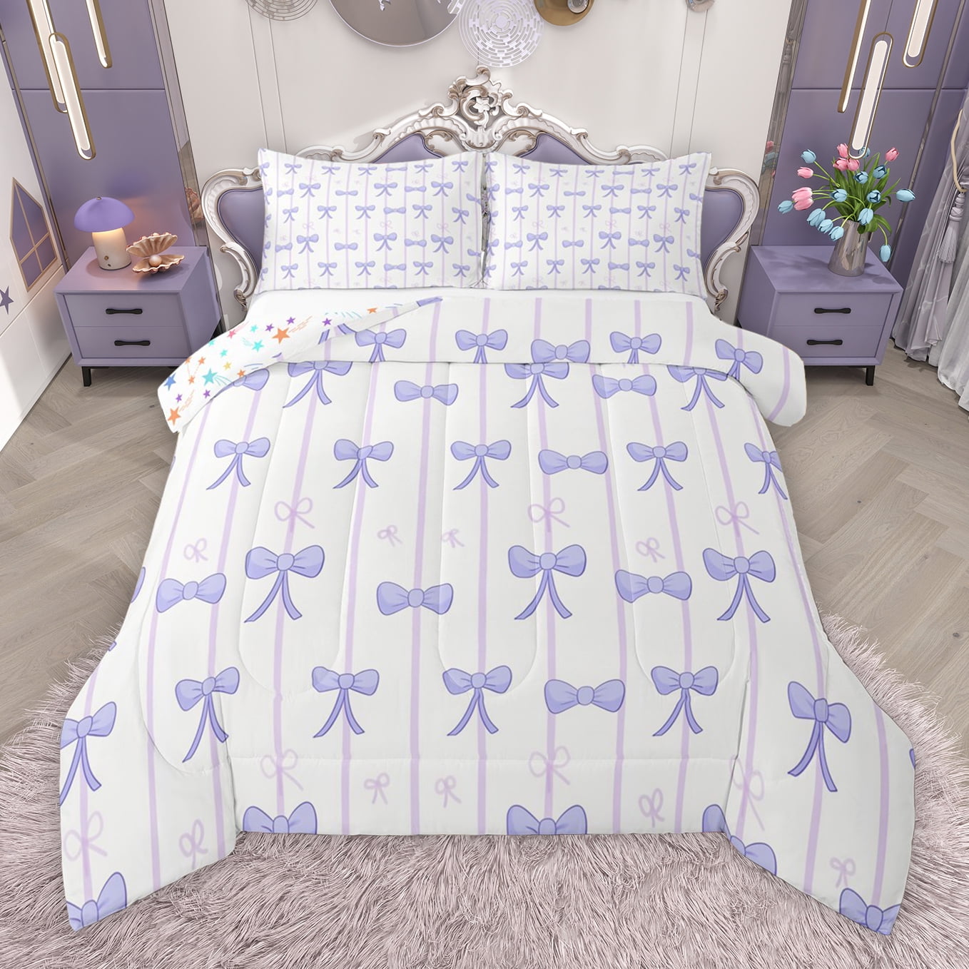Manfei Princess Kawaii Bow Bedding Comforter Set for Girls, Cute ...