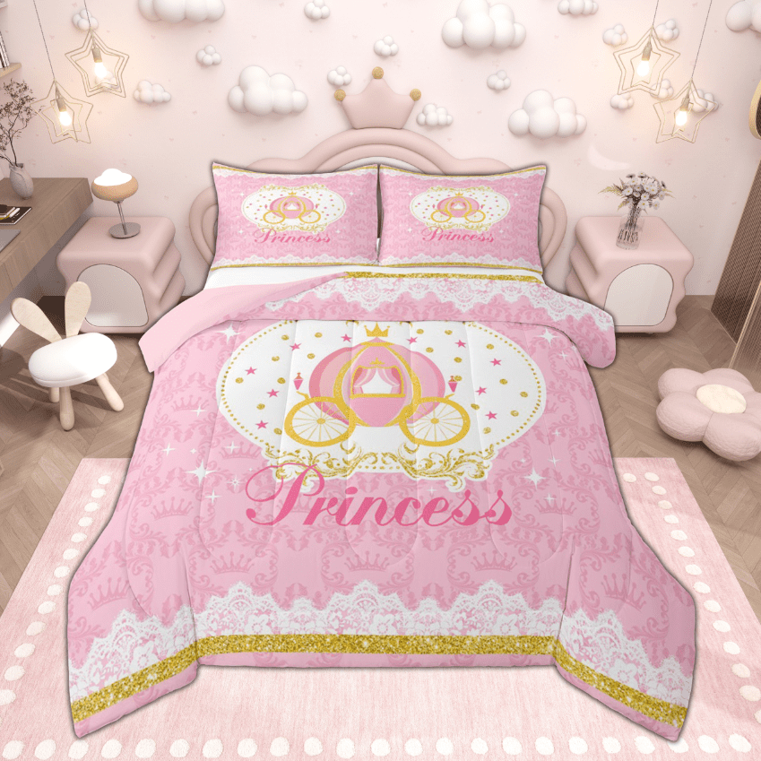Manfei Princess Pink Bedding Comforter Set for Girls, Cute Pumpkin Cart ...