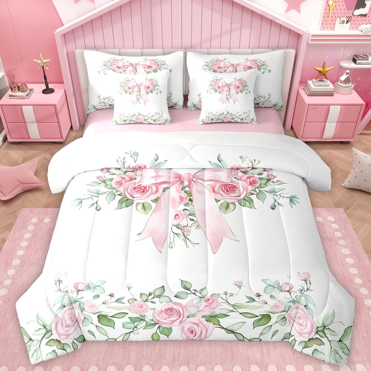 Manfei Princess Ribbon Bow Bedding Comforter Set 7pcs for Kids, Pink ...