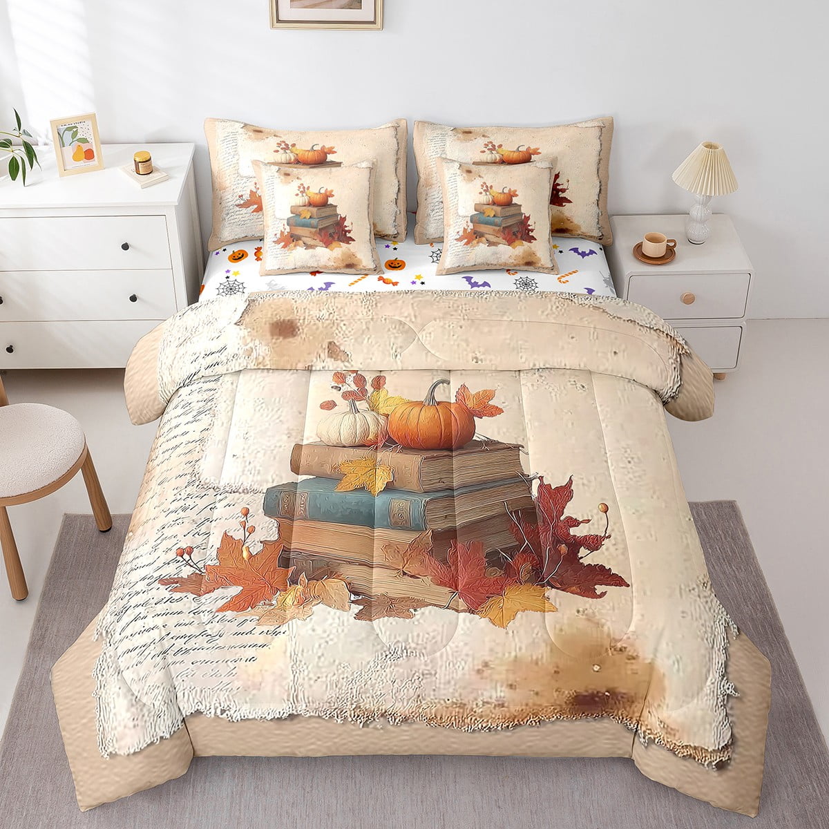 Manfei Pumpkin Maple Book Bedding Comforter Set 7-Piece,Autumn Harvest ...