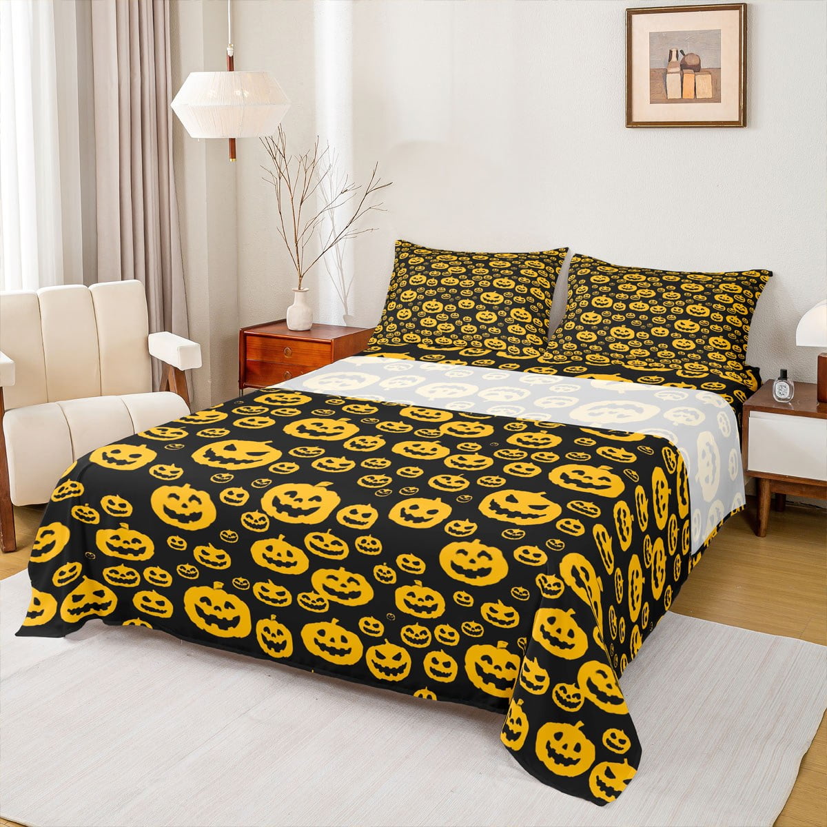 Manfei Pumpkin Print Bed Sheets Set Queen Size, Gothic Spooky Bed ...