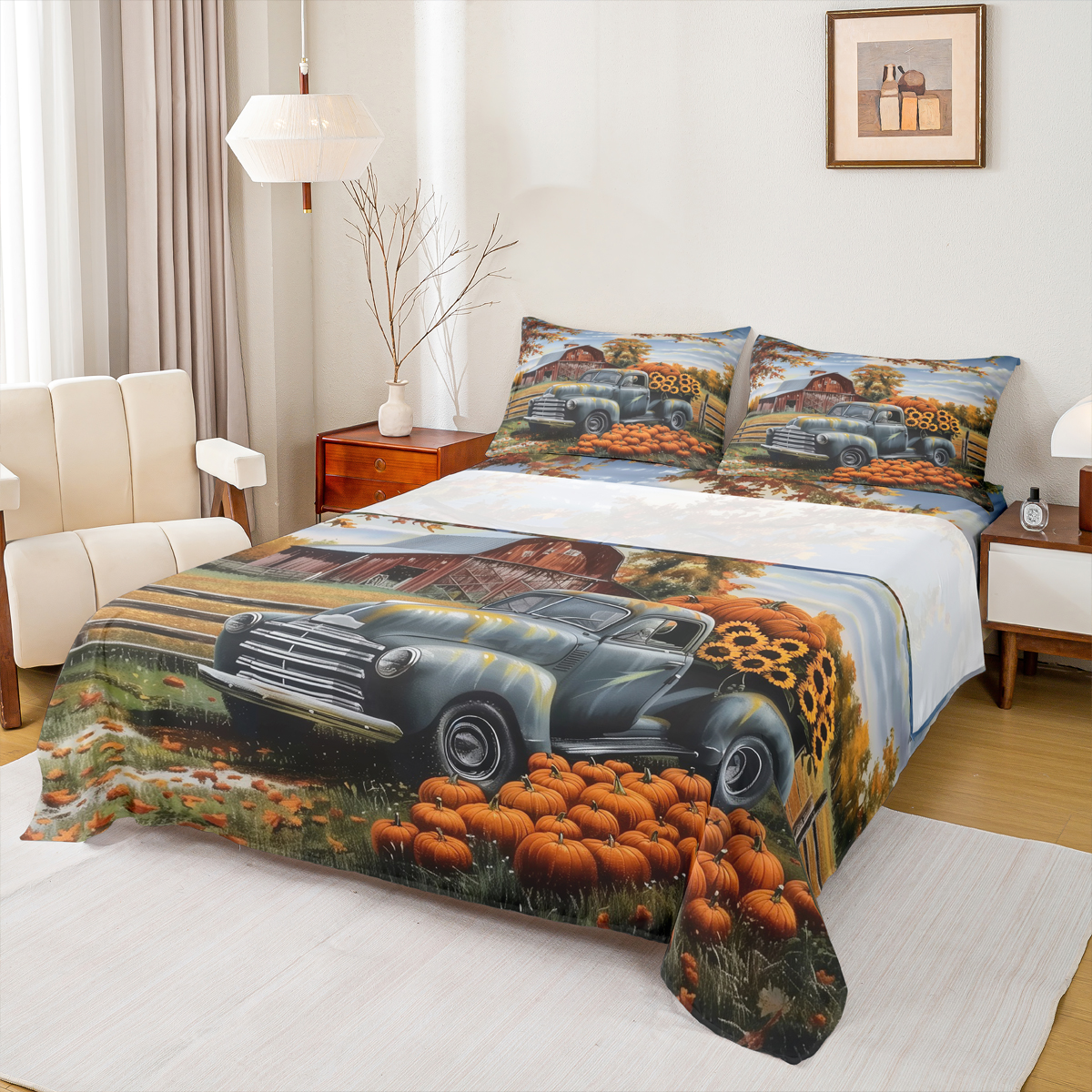 Manfei Pumpkin Sunflower Floral Full Size Sheets,Retro Farm Truck Bed ...