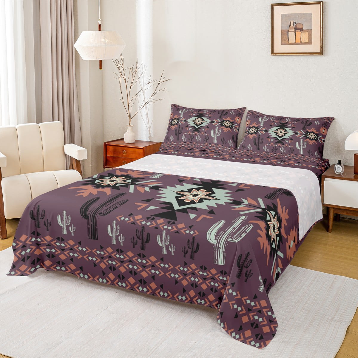 Homewish Purple Abstract Aztec Bed Sheets for Men, Western Cactus Plant ...