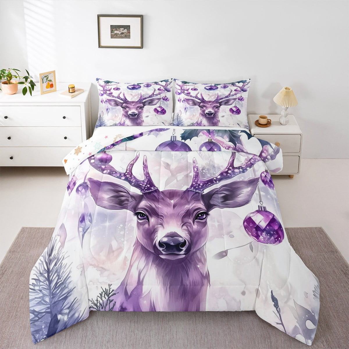 Manfei Purple Christmas Reindeer Queen Comforter Set,Merry Xmas Bedding Sets,Jungle Animal ...