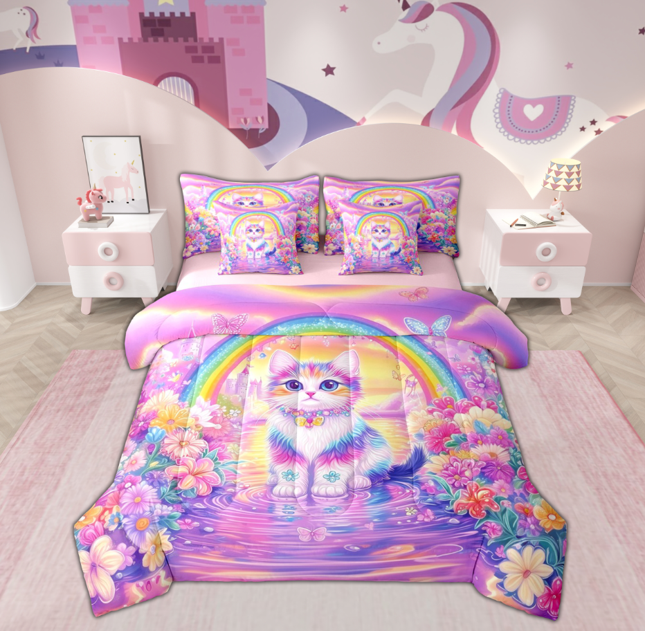 Manfei Purple Cute Cat Twin Bedding Sets 7-Piece for Kids, Castle ...
