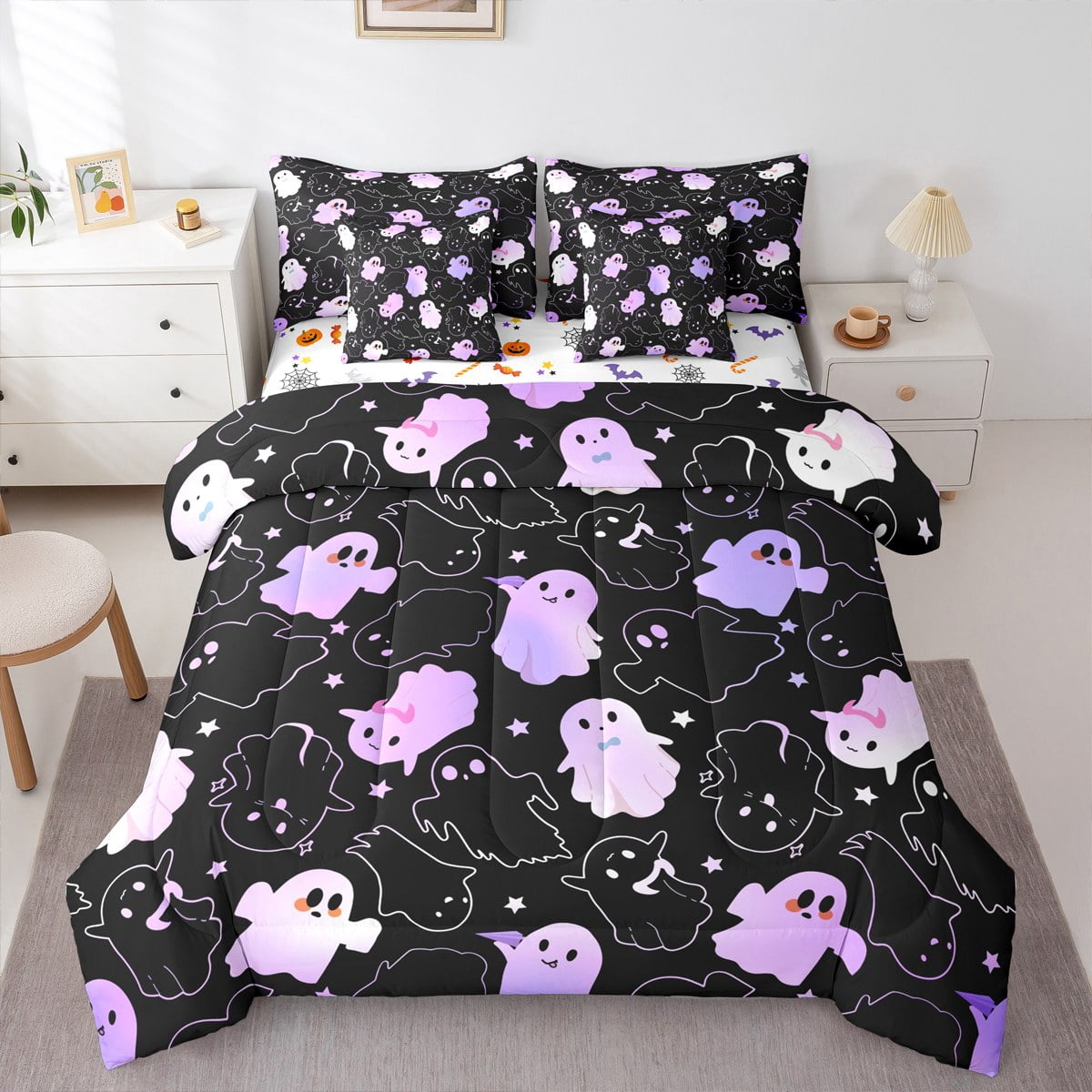 Manfei Purple Funny Ghost Bedding Comforter Set 7-Piece, Halloween ...