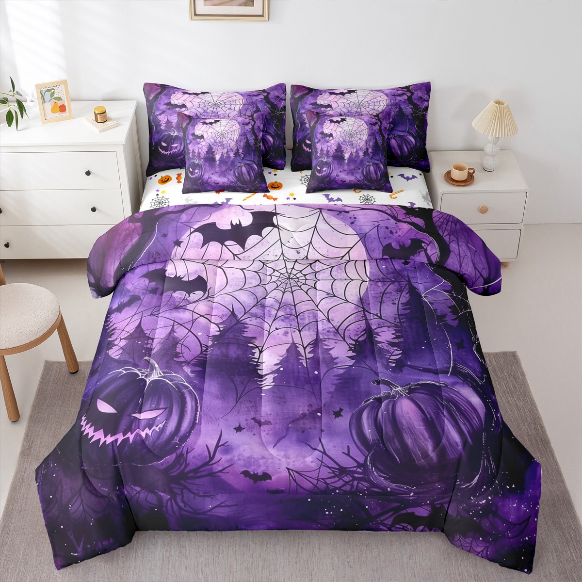 Manfei Purple Horroe Pumpkin 7-Piece Bedding Comforter Set,Spooky ...