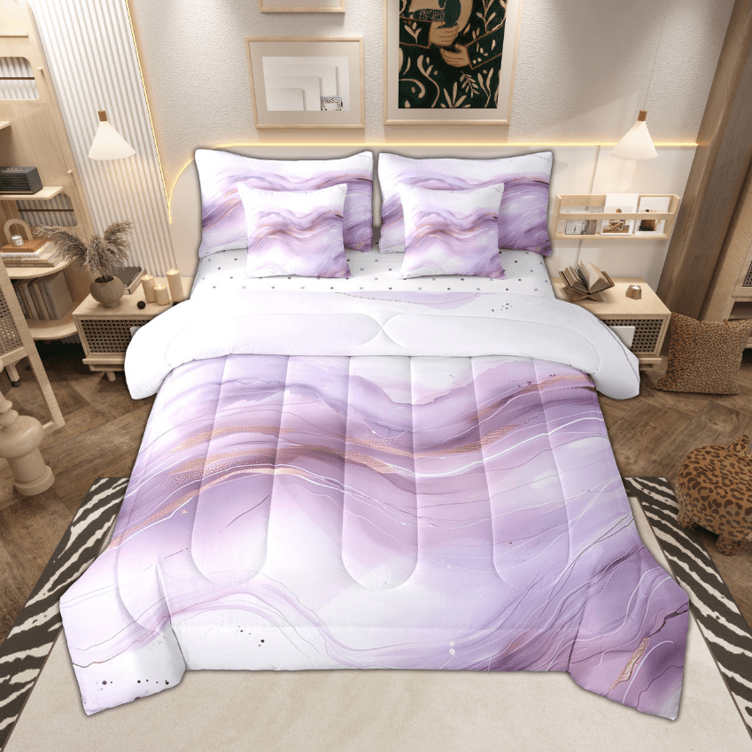 Manfei Purple Marble Bedding Comforter Set 7 Pieces, Aesthetic ...