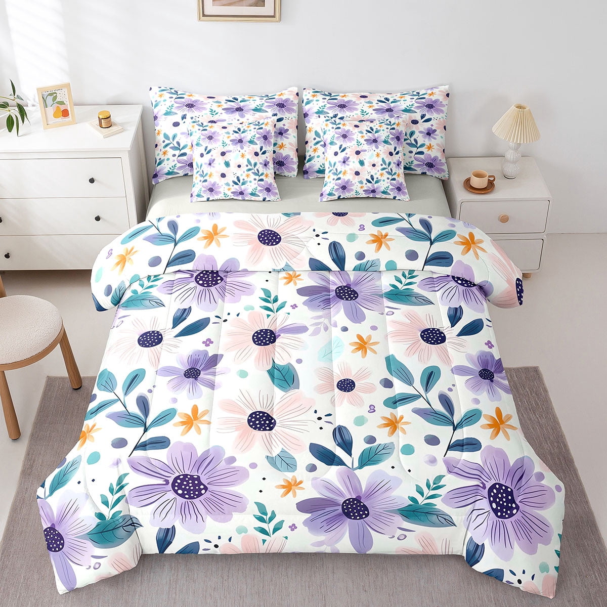 Manfei Purple Pink Floral Bedding Sets Twin Size,Splashing Ink Daisy ...