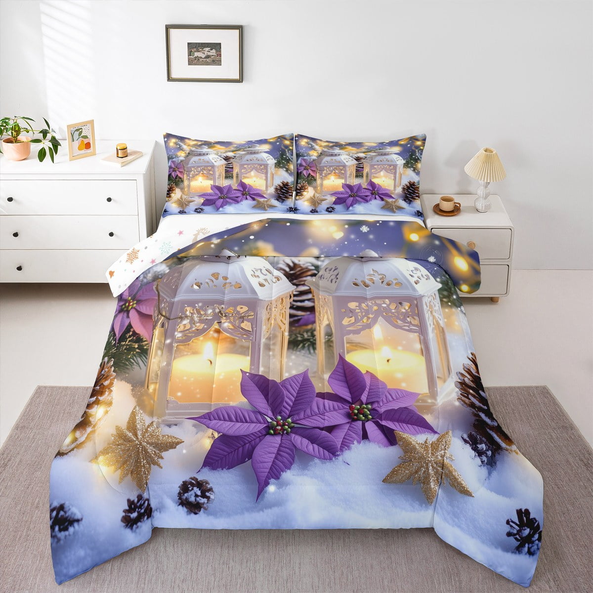 Manfei Purple Poinsettia Full Size Comforter Sets,Merry Xmas Bedding ...