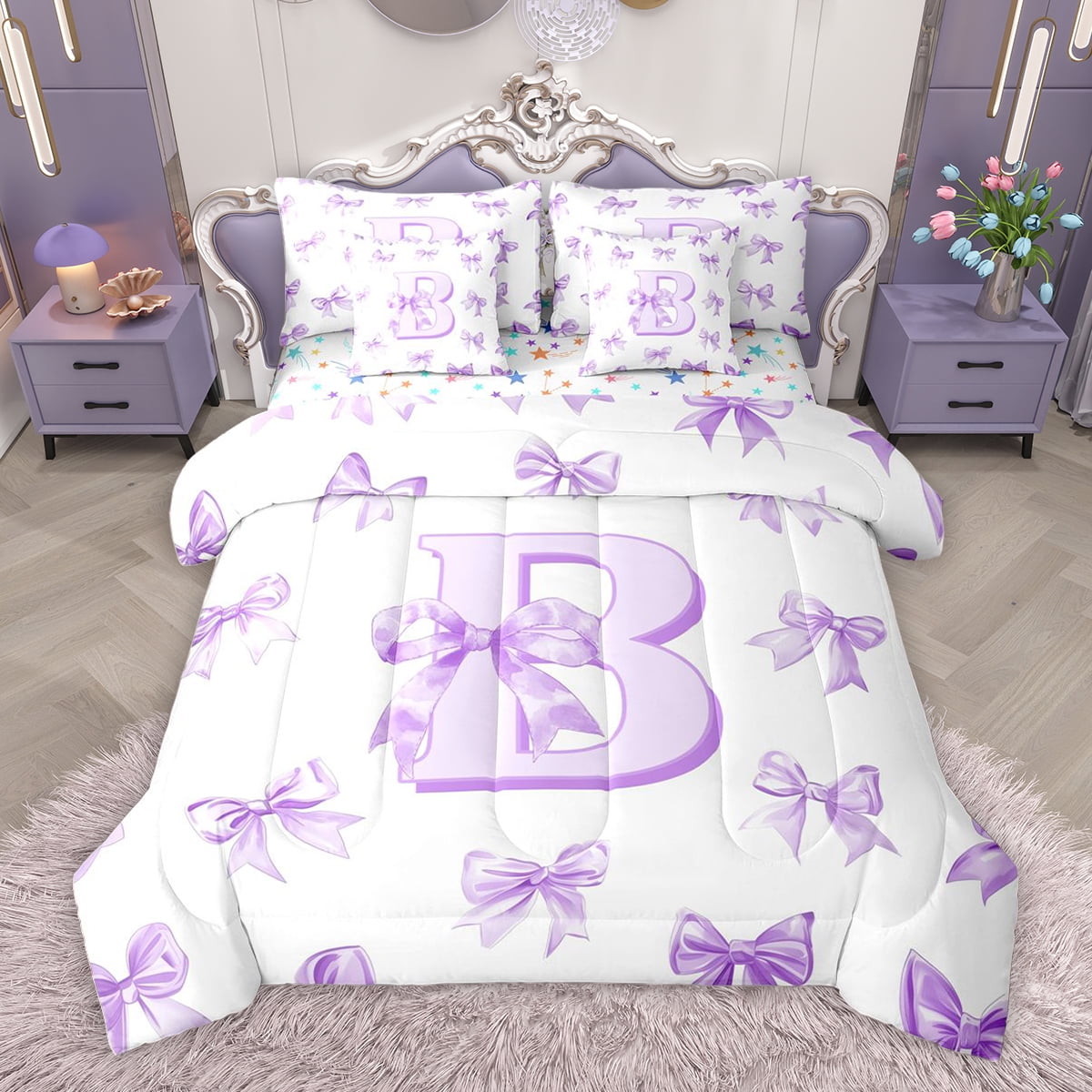Manfei Purple Ribbon Letter B Bedding Comforter Set 7pcs, Cartoon Cute ...
