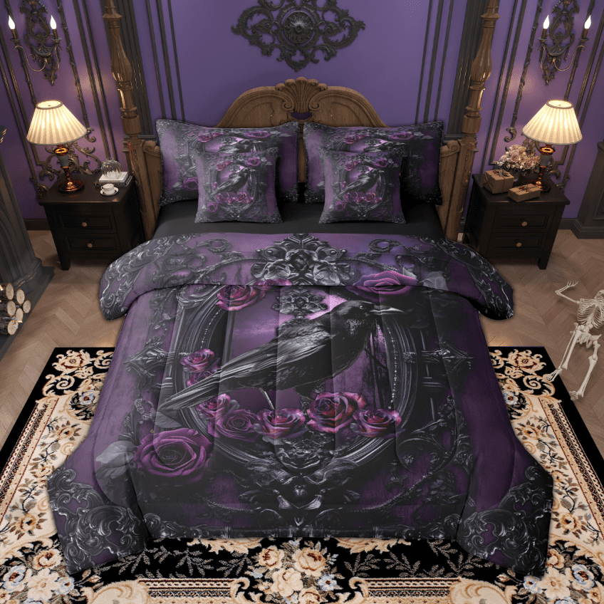 Manfei Purple Rose Crow Bedding Comforter Set 7 Pieces, Vintage Damask ...