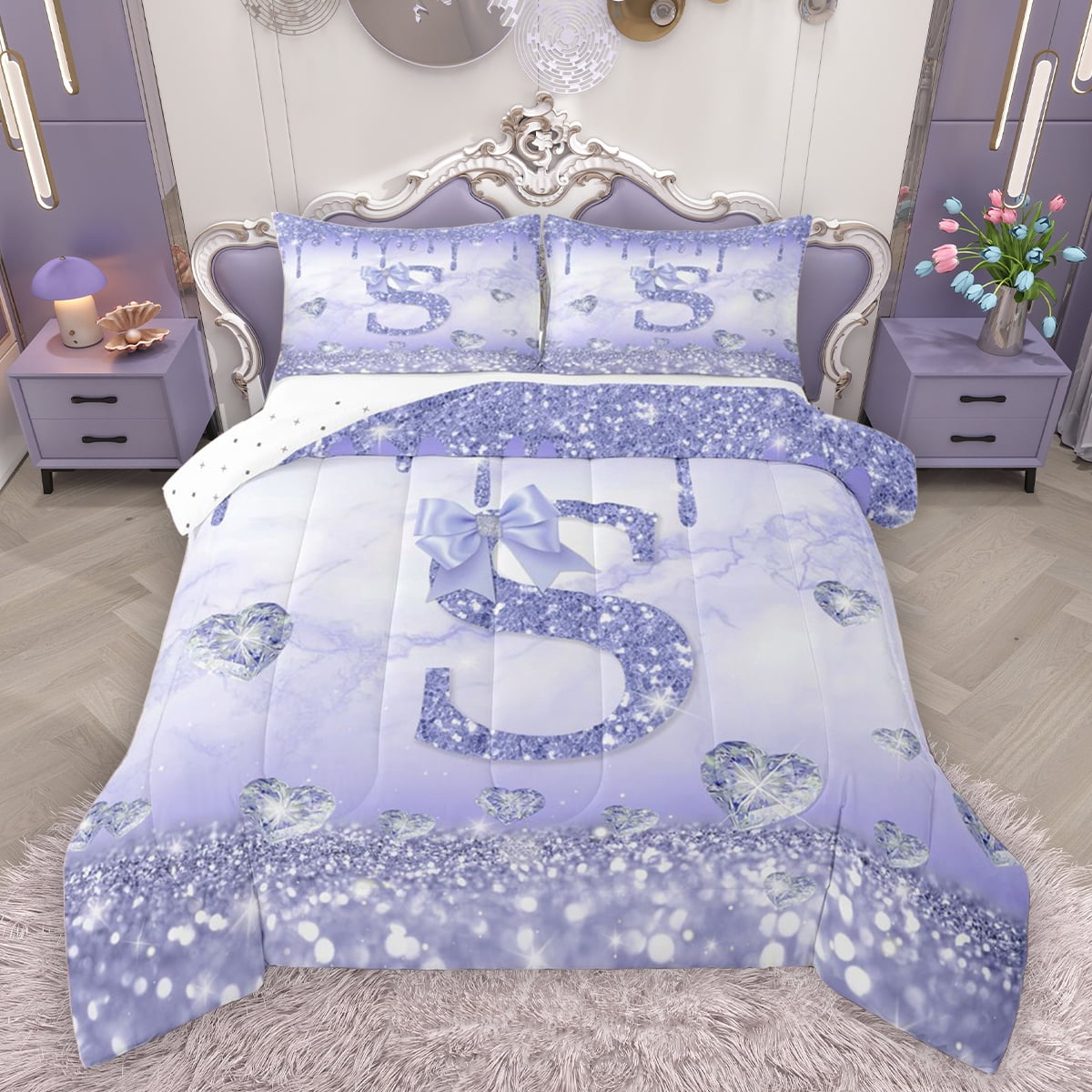 Homewish Purple Sequin Print S Bedding Comforter Set for Kids, Romantic ...