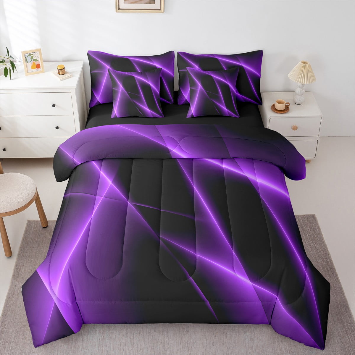 Manfei Purple Wave Ribbon Bedding Comforter Set 7 Pieces,Geometric ...
