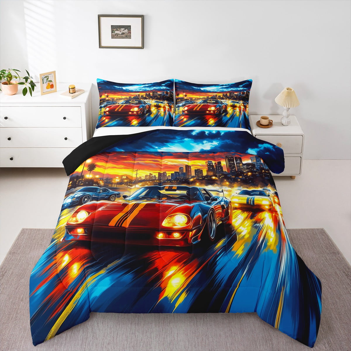 Manfei Racing Car 3 Pieces Queen Comforter Set,Red Yellow Ultra Soft Bedding Sets,Extreme Sport ...