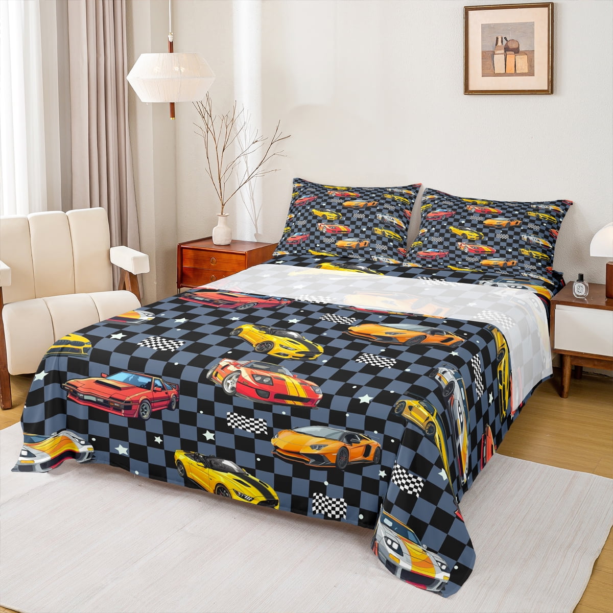 Manfei Racing Car Sprots Bed Sheets, Cartoon Boys Vehicle King Sheets ...