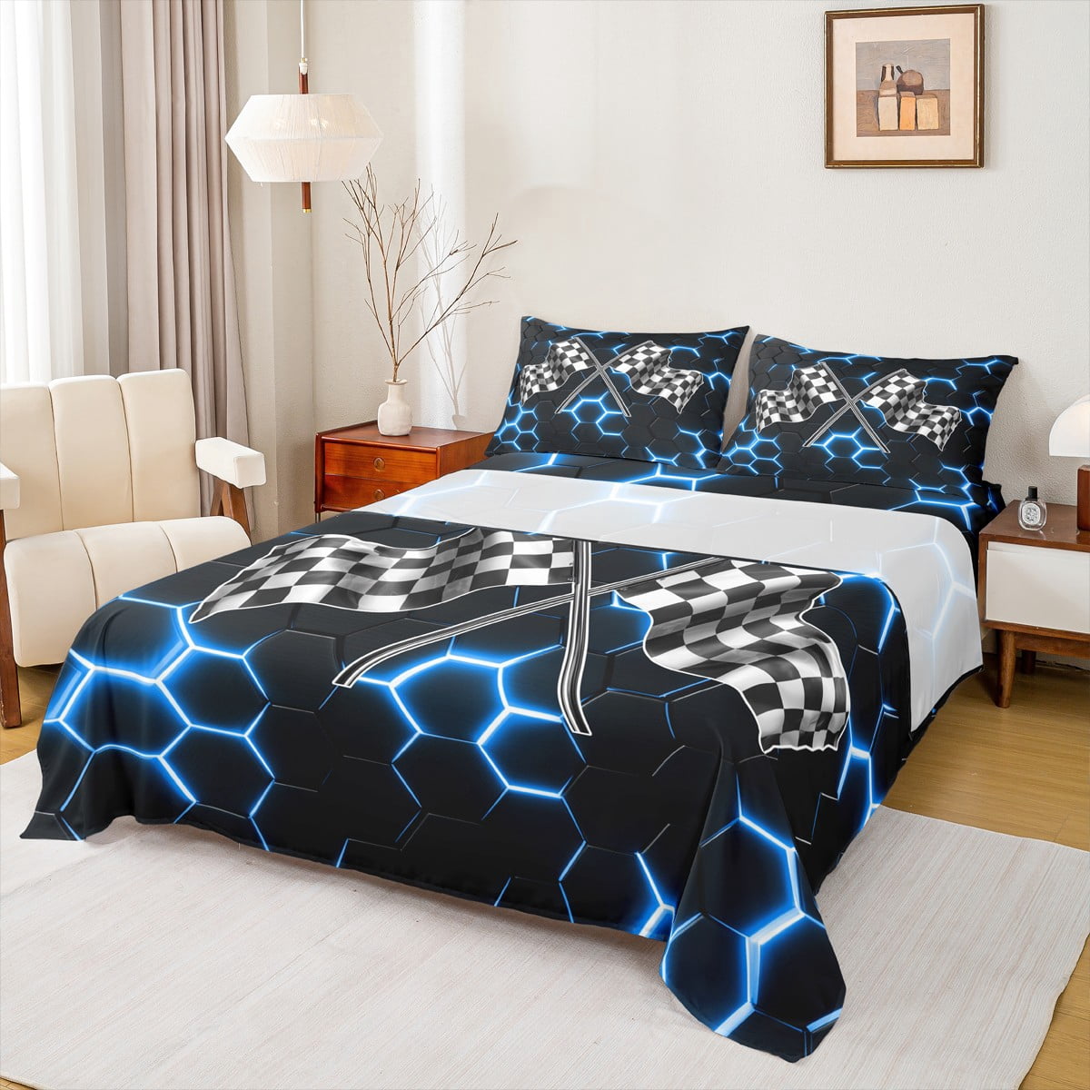 Manfei Racing Flag Twin Sheet Sets 3pcs for Boys, Neon Blue Honeycomb ...