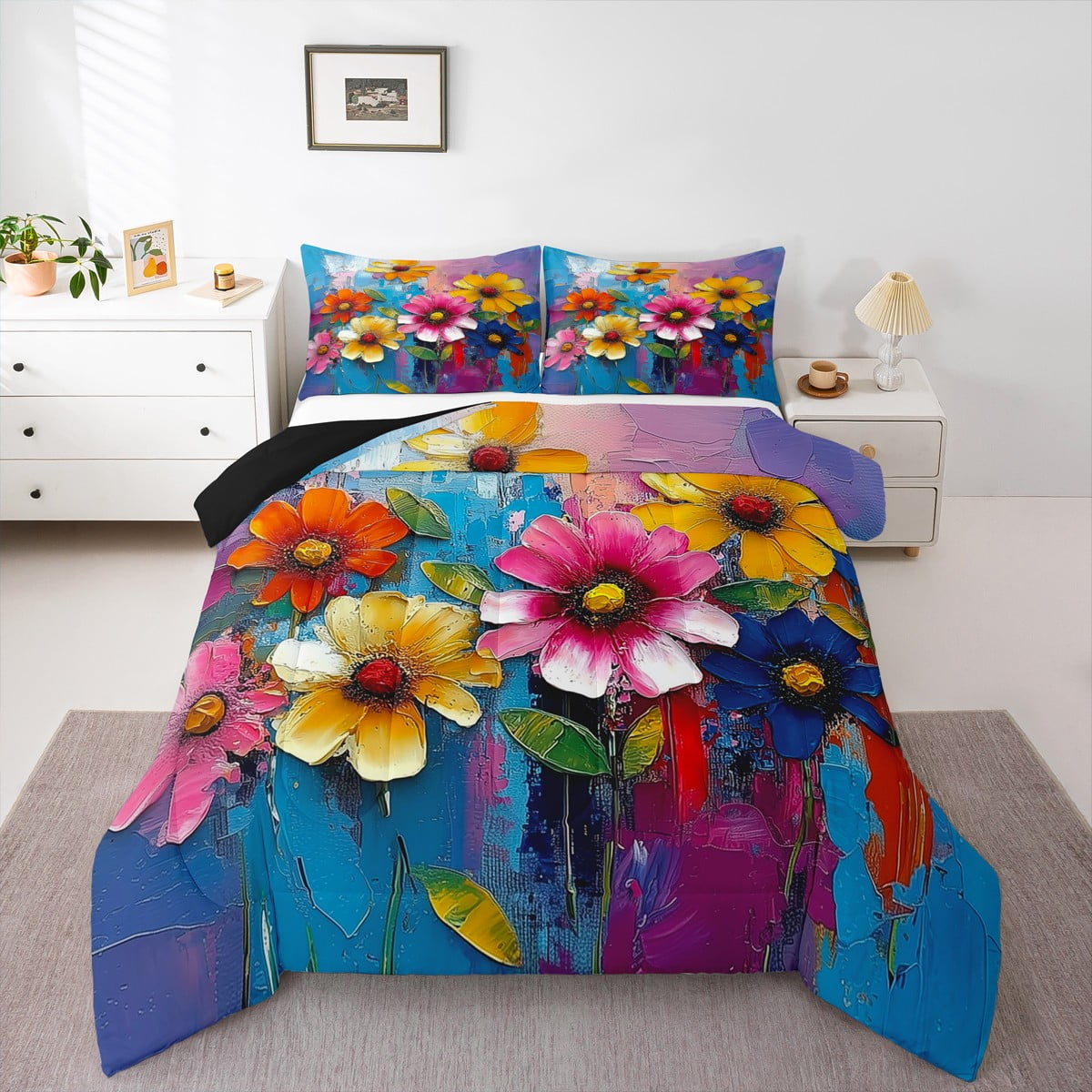 Manfei Rainbow Daisy Flower Full Size Comforter Sets,Oil Painting Bedding Comforter Set ...