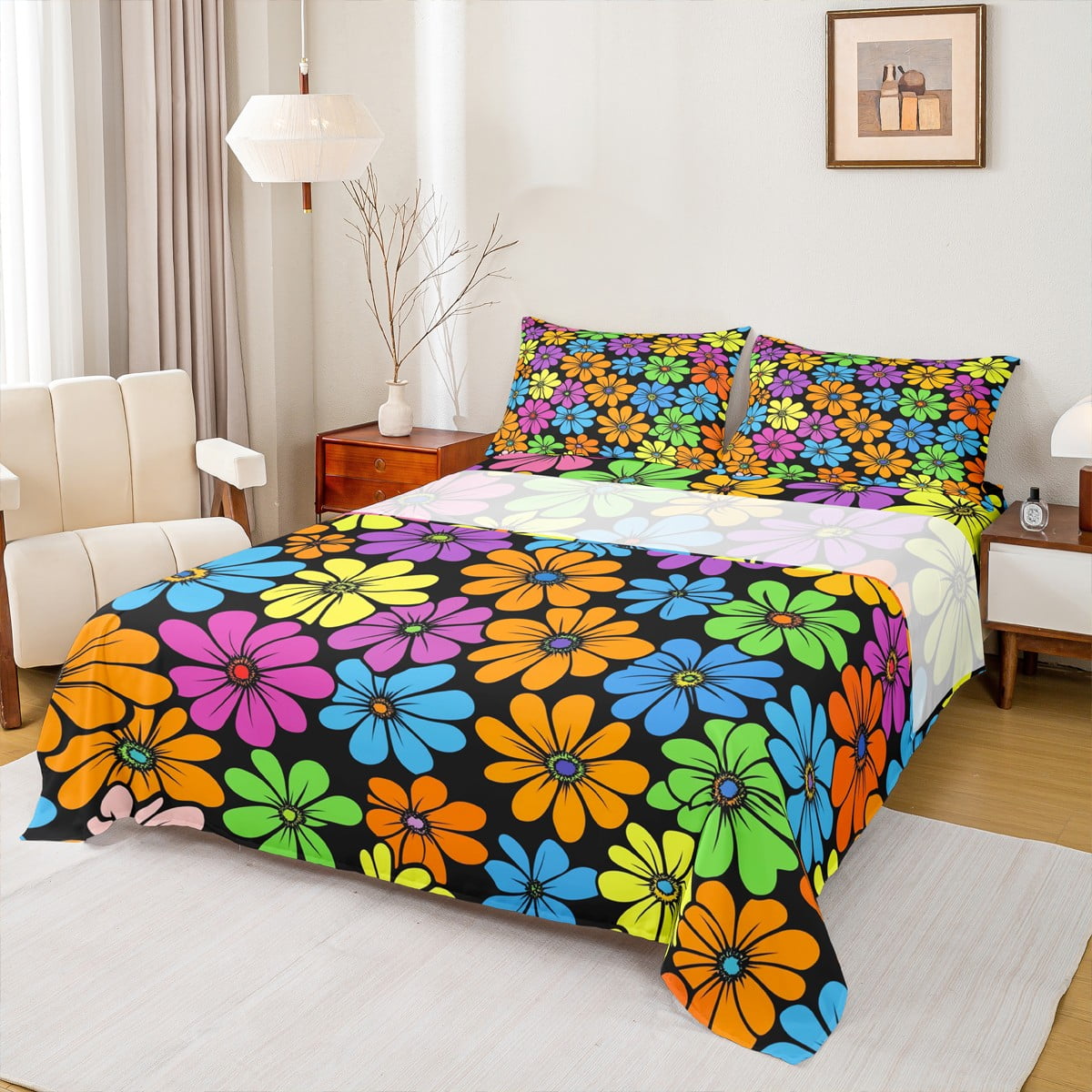 Manfei Rainbow Daisy Full Size Sheets,Colorful Flower Bed Sheets ...