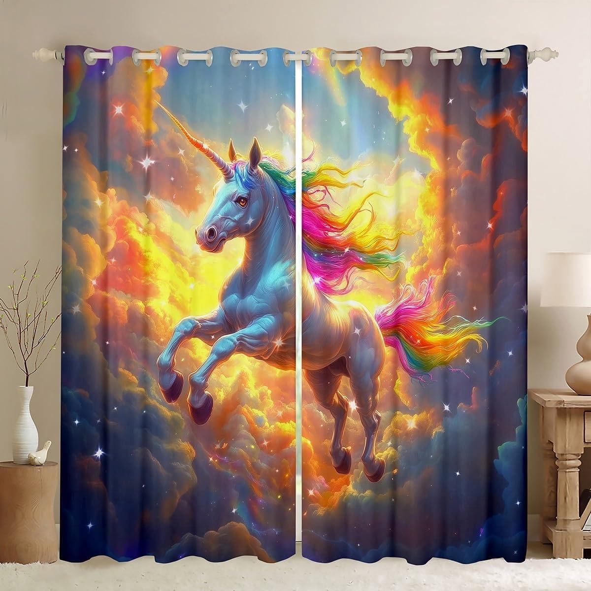 Manfei Rainbow Unicorn Kids Window Curtains,Glitter Stars Cloud Sky ...