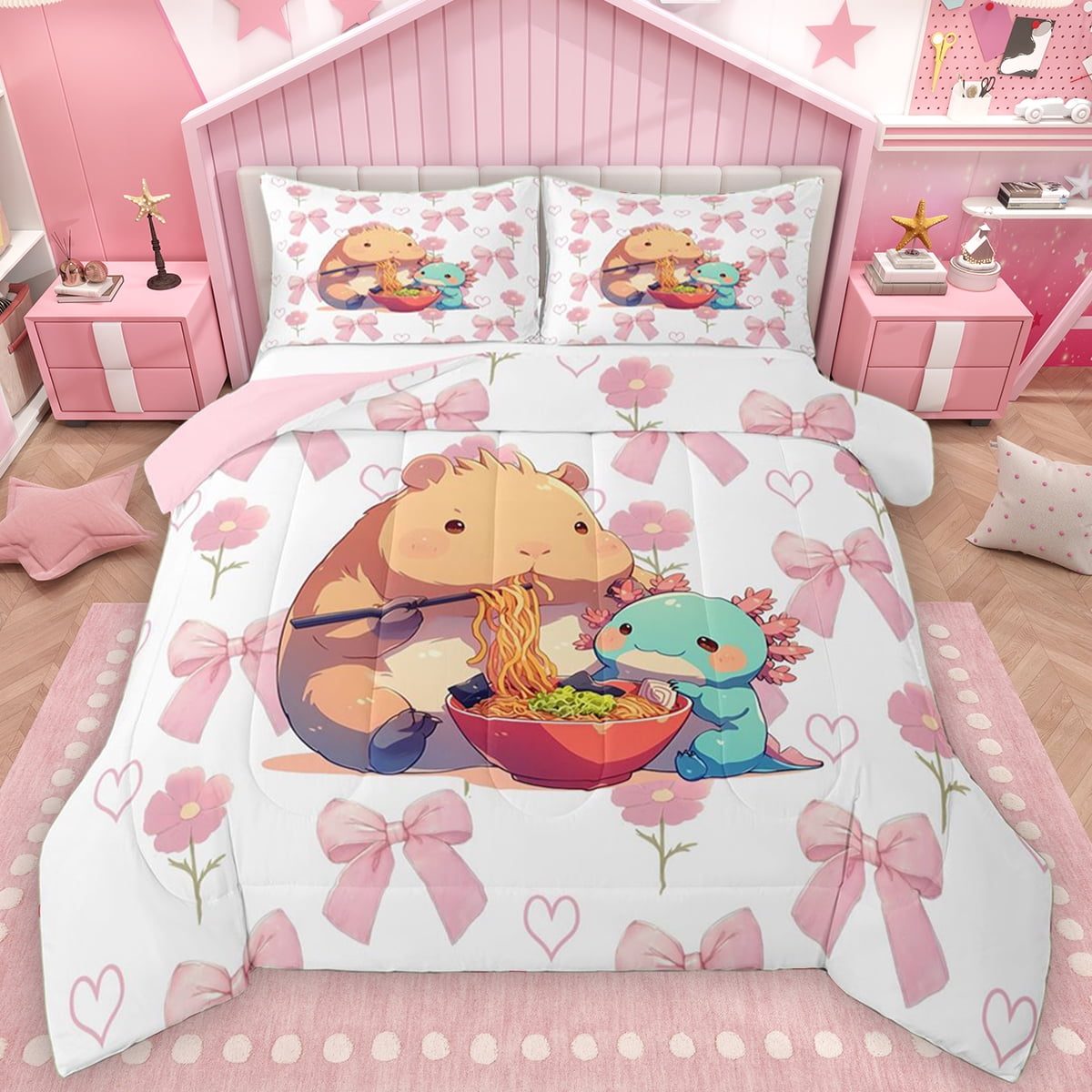 Manfei Ramen Capibara Axolotl Bedding Comforter Set, Kawaii Pink ...