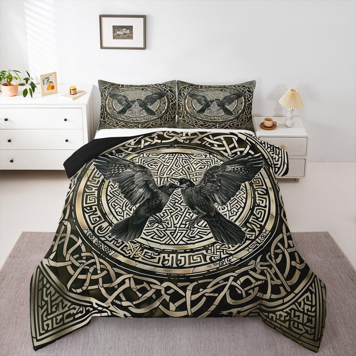 Manfei Raven Queen Comforter Set,Retro Fantasy Theme Bedding Sets,Black ...