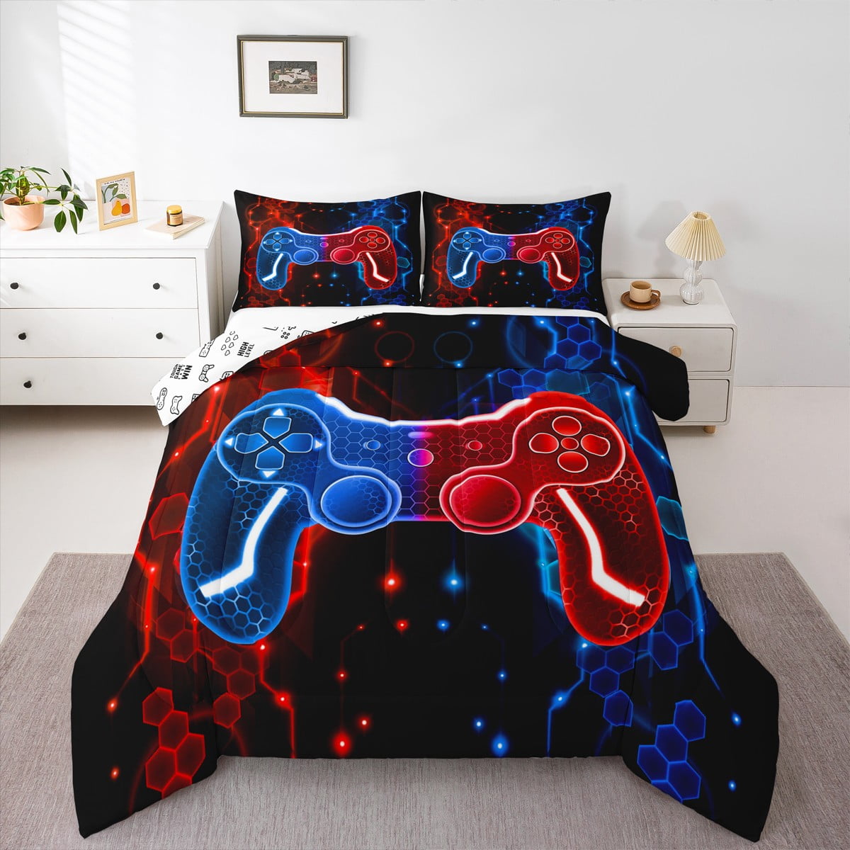 Manfei Red Blue Gamepad Bedding Comforter Set, Cartoon Game Console ...