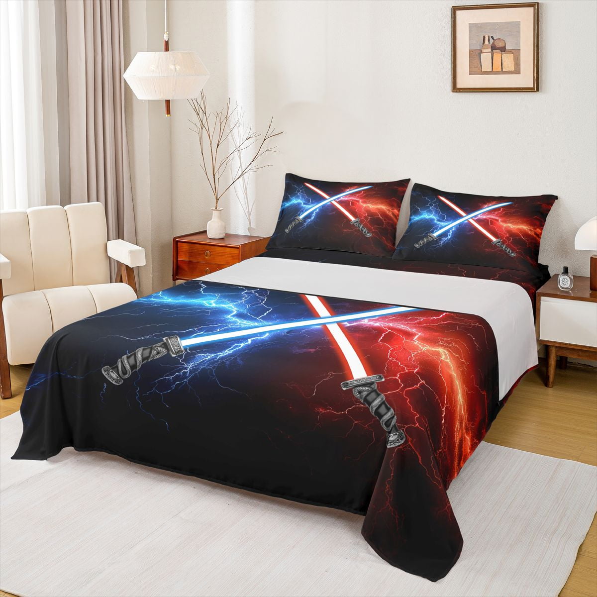 Manfei Red Blue Lightsaber Bed Sheets,Video Games Theme King Sheets ...