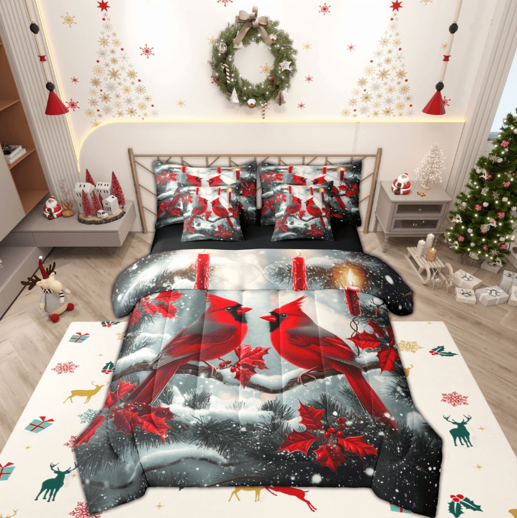Manfei Red Cardinal Bird 7 Pieces Bedding Comforter Set,Merry Christmas ...