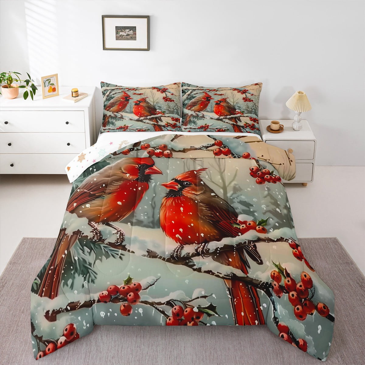 Manfei Red Cardinals Berry Queen Comforter Set,Winter Bedding Sets ...