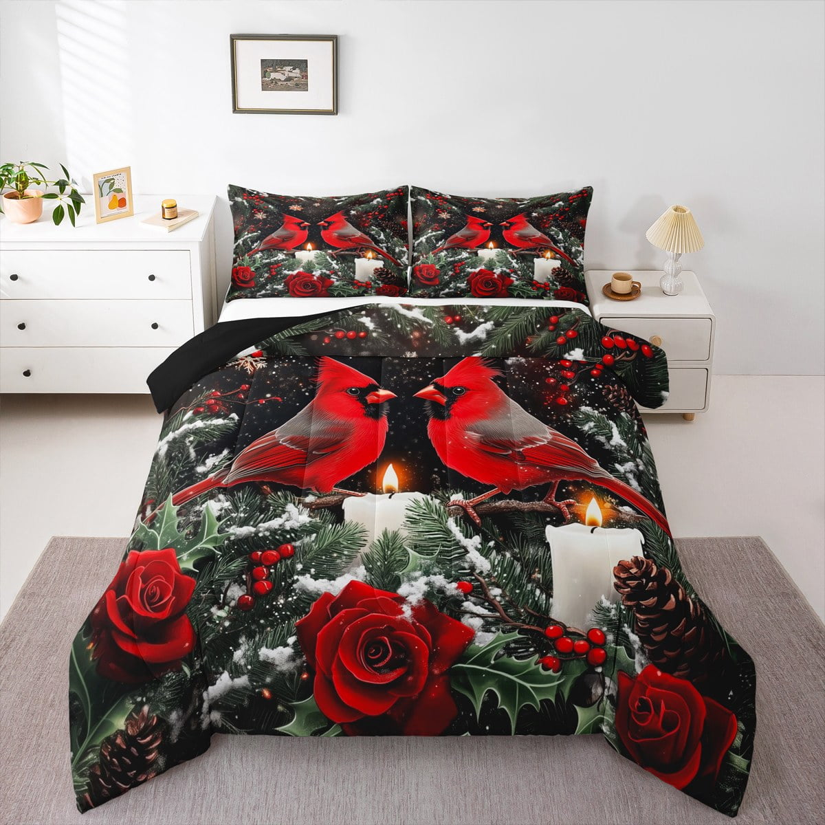Manfei Red Cardinals Rose King Size Comforter Sets,Romantic Flower ...