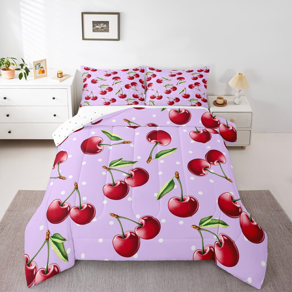Manfei Red Cherry 3 Pieces Queen Comforter Set,Botanical Plants Ultra ...