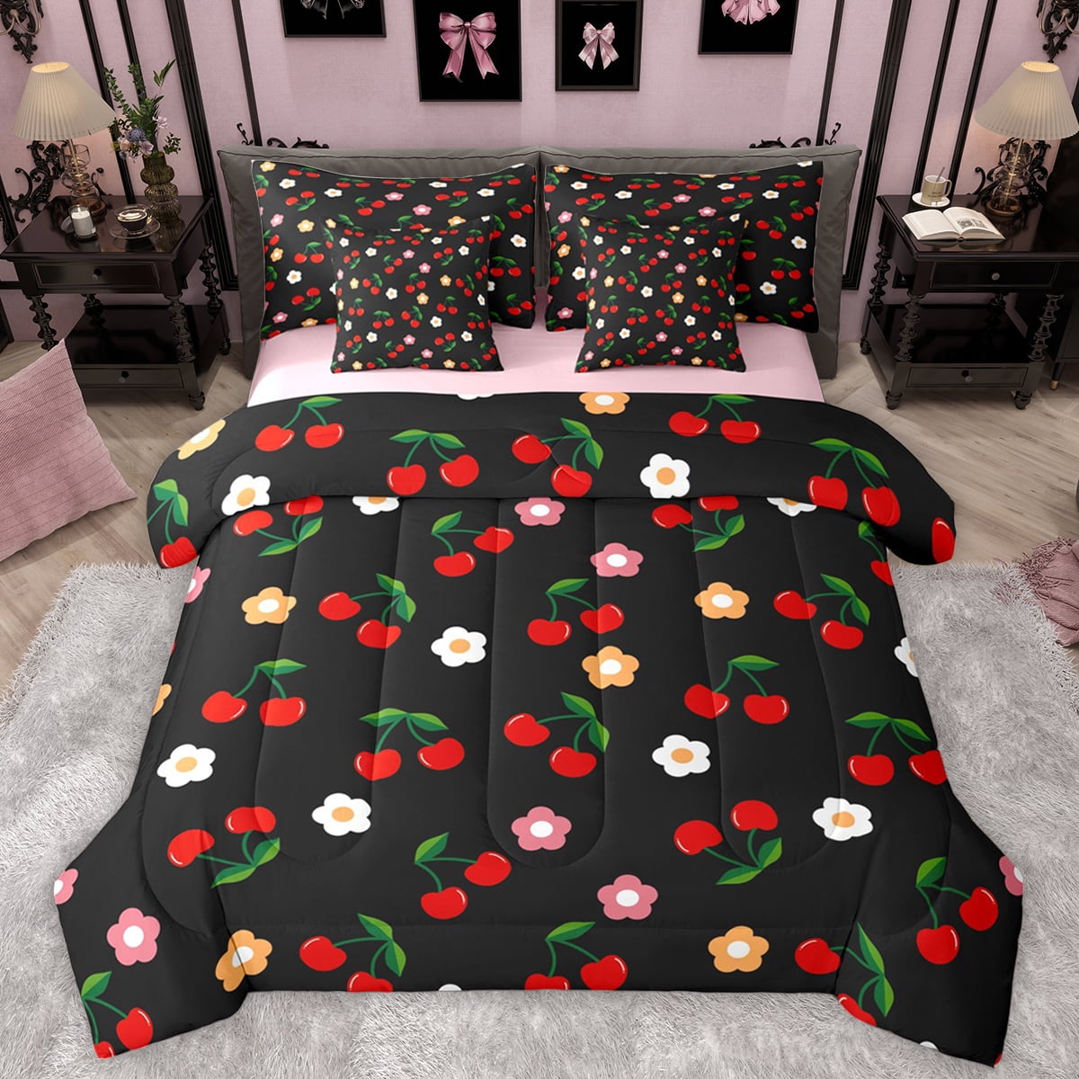 Manfei Red Cherry 7-Piece Bedding Comforter Set,Cute Flowers Daisy King ...