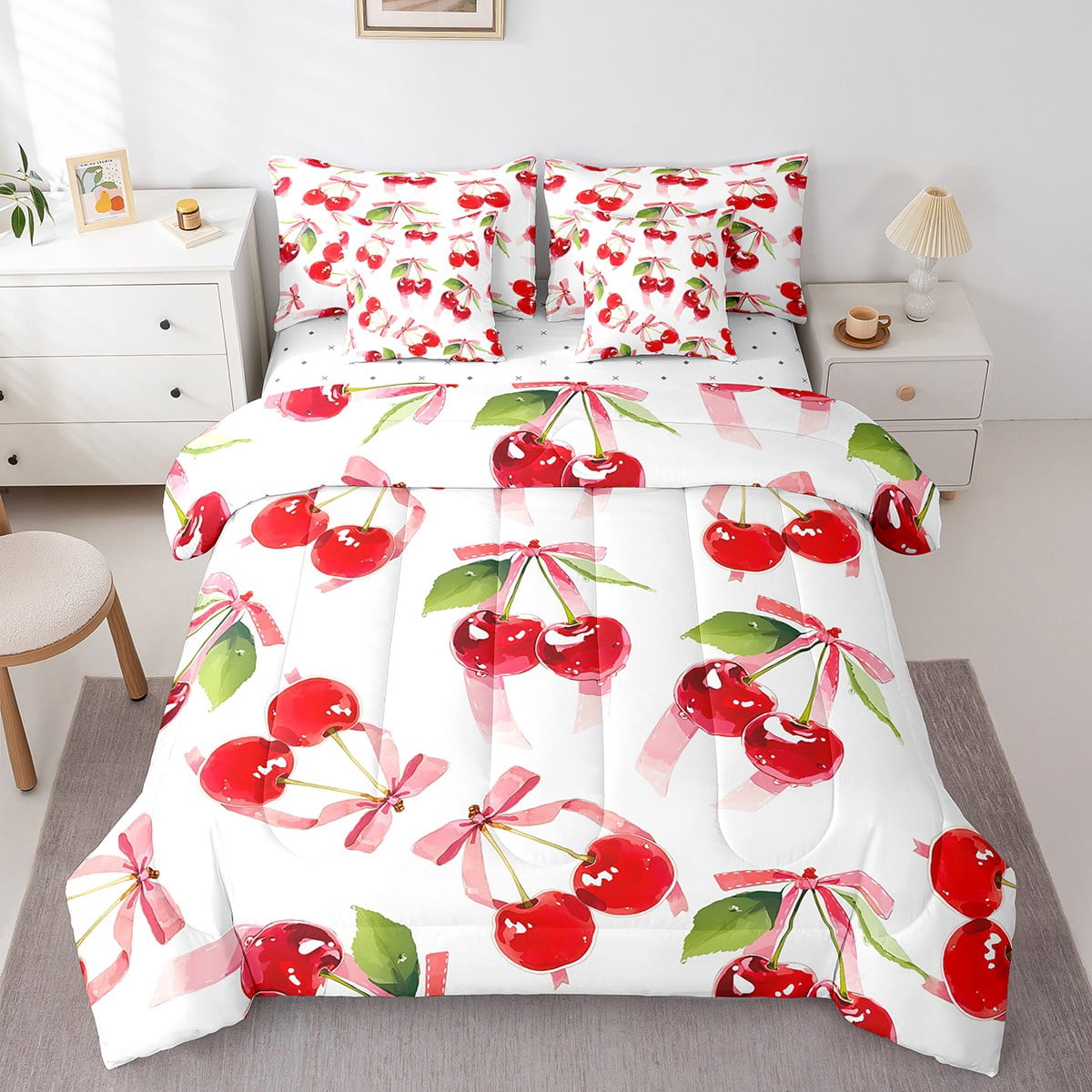 Manfei Red Cherry 7pcs Bedding Comforter Set,Kawaii Bowknot Queen ...