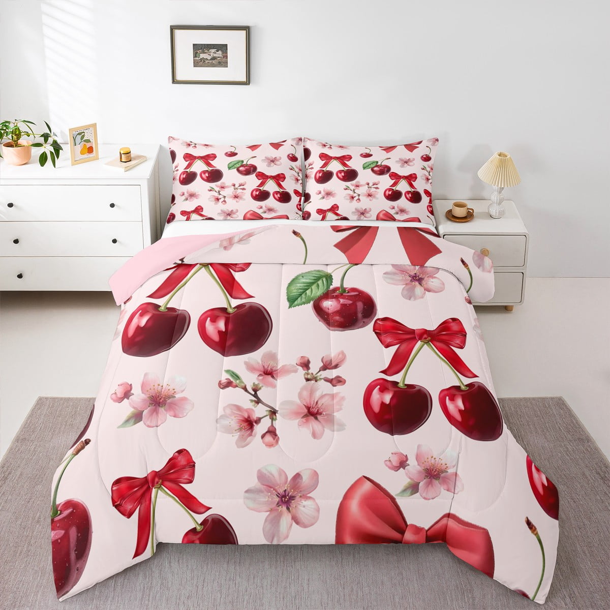 Manfei Red Cherry Bedding Comforter Set,Kawaii Bowtie Bow Twin ...