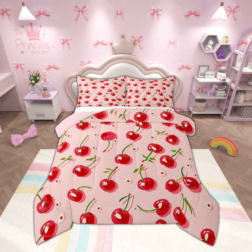 Manfei Red Cherry Bedding Sets Full with Comforter, Cartoon Fruit ...