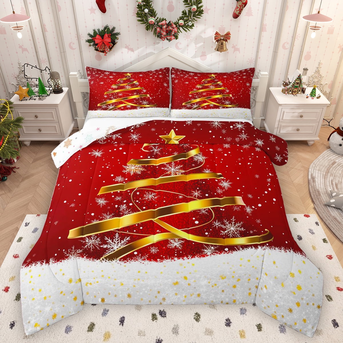 Manfei Red Christmas Tree Bedding Comforter Set, Winter Snowflake Twin ...